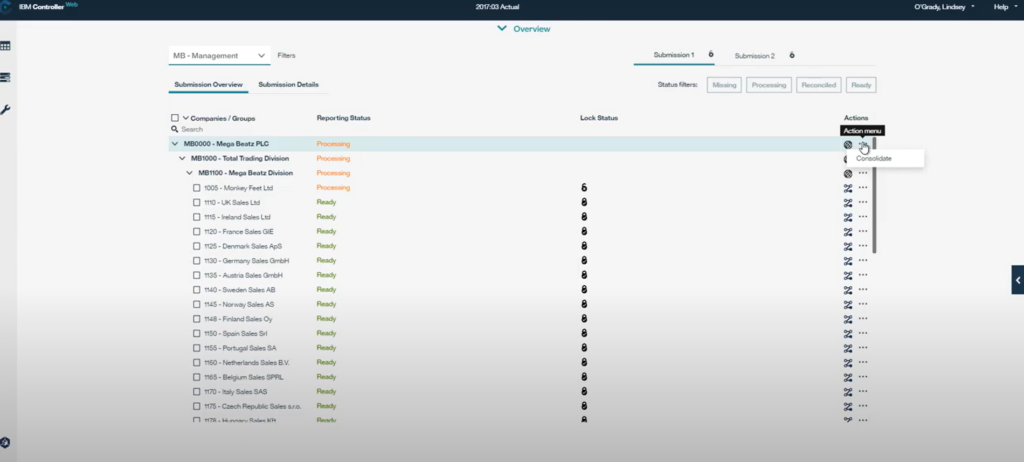 Consolidate a Submission in IBM Cognos Controller Web